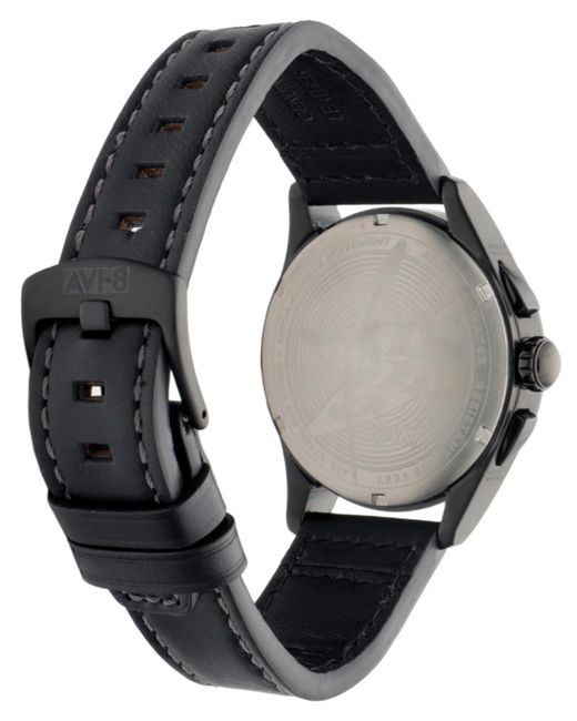 AVI-8 Spitfire Lock Chronograph Black Leather Strap Watch in Gray for ...