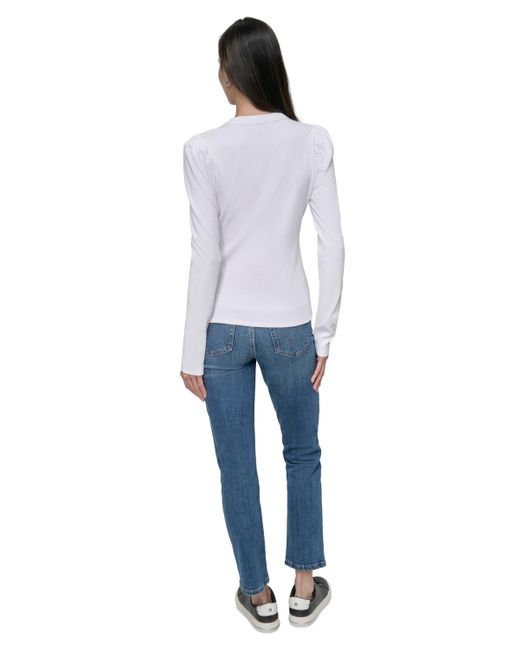 DKNY Petite Puffed-shoulder Knit Top in White | Lyst