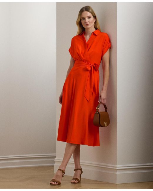 Ralph Lauren Self-belt Roll-tab Sleeve Surplice Crepe Dress in Red | Lyst