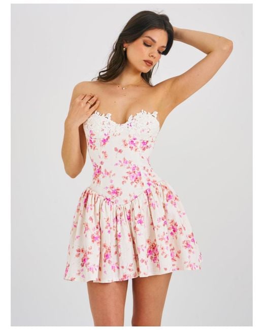 Miss Circle Samara Floral Drop Waist Linen Corset Puffy Mini Dress in ...