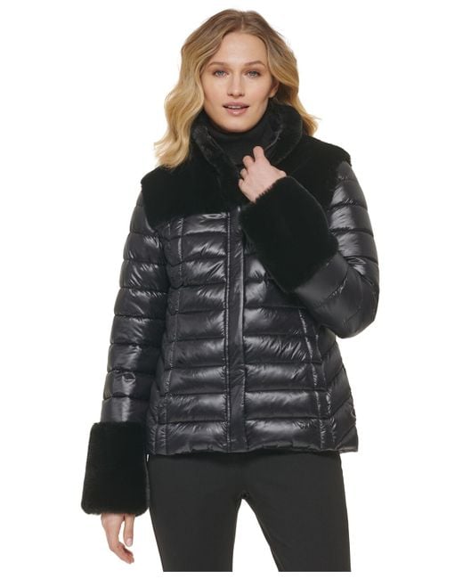 Dkny Zip Front Faux Fur Trimmed Puffer Jacket In Black Lyst