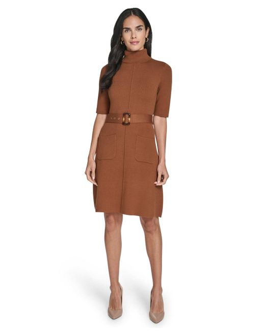 Jessica Howard Turtle Neck Elbow Sleeve Belted Dress in Brown | Lyst