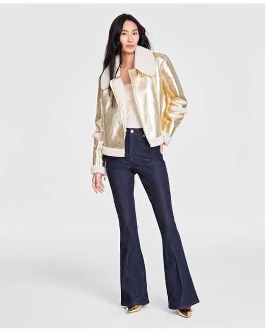 INC International Concepts Cropped Metallic Aviator Jacket in White | Lyst