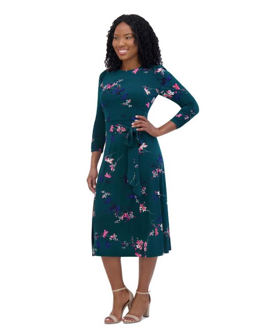 Jessica Howard Petite Printed 3/4-sleeve Belted Midi Dress in Blue | Lyst