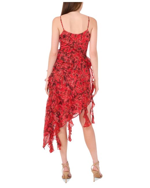 Parker Metallic-print Asymmetrical Ruffled Midi Dress in Red | Lyst