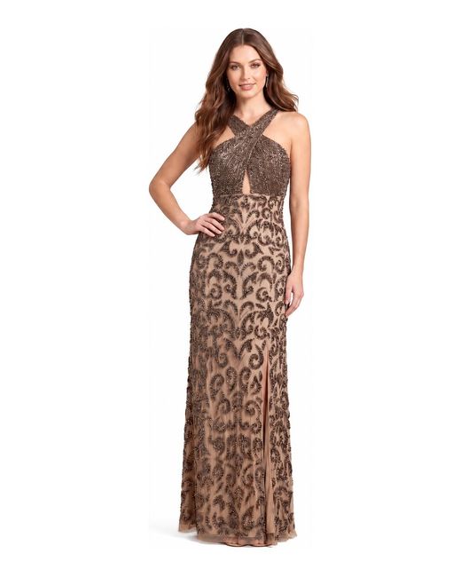 Lara Plus Size Beaded Halter Front-slit Dress in Brown | Lyst