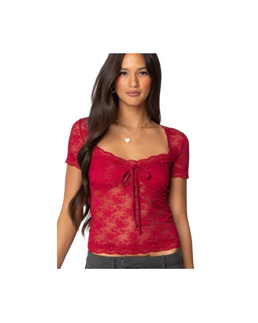 Edikted Roxana Sheer Lace Top in Red | Lyst
