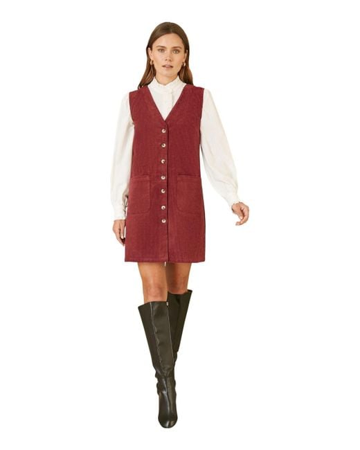 Yumi' V-neck Cord Pinafore Dress in Red | Lyst