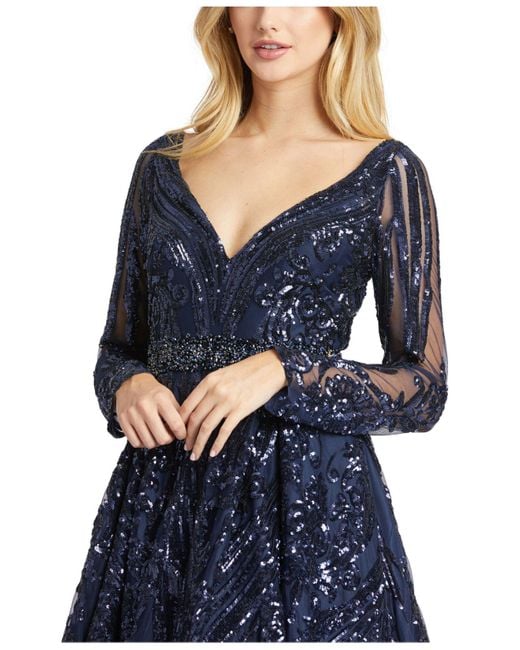 Mac Duggal Synthetic Beaded Illusion Gown In Midnight Navy Blue Blue