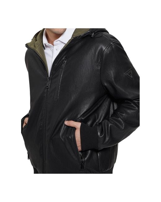 Guess Gary Faux Leather Hooded Jacket in Black for Men | Lyst