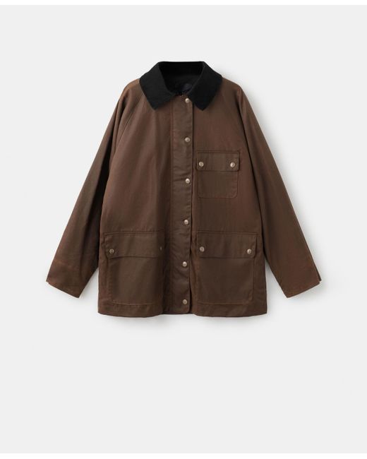Mango Corduroy Collar Waxed Effect Parka Coat in Brown | Lyst