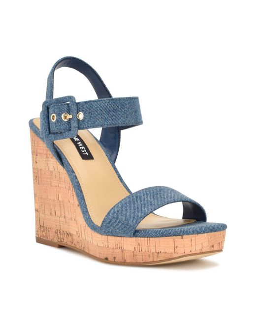 Nine West Courts Square Toe Wedge Dress Sandals In Blue Lyst