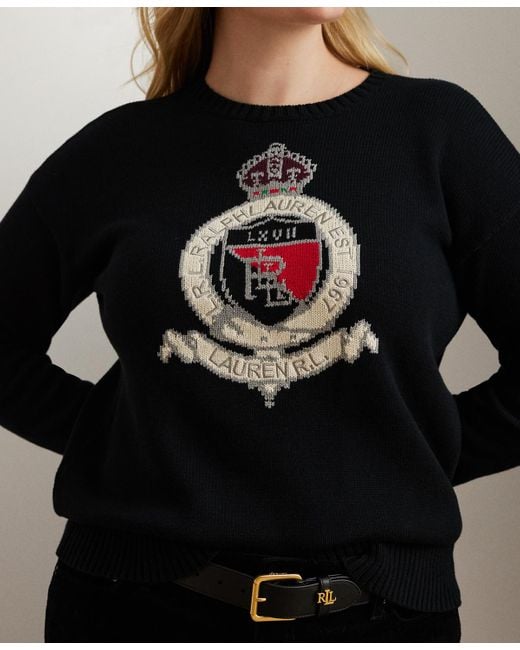 Ralph Lauren Plus Size Intarsia-knit Crest Sweater in Black | Lyst