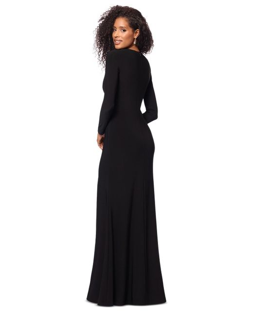 Xscape Embellished Keyhole-neck Long-sleeve Gown in Black | Lyst