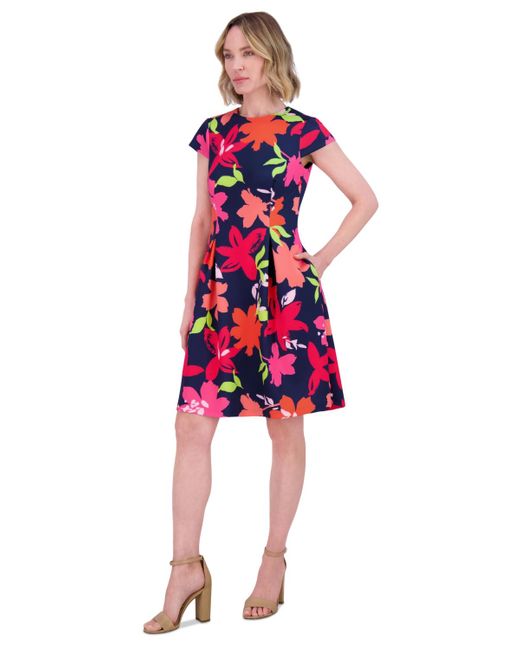 Jessica Howard Petite Floral Cap-sleeve Fit & Flare Dress in Red | Lyst