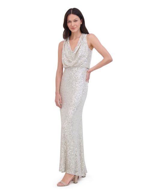 Eliza J Petite Sleeveless Cowl Neck Sequin Long Gown in White | Lyst