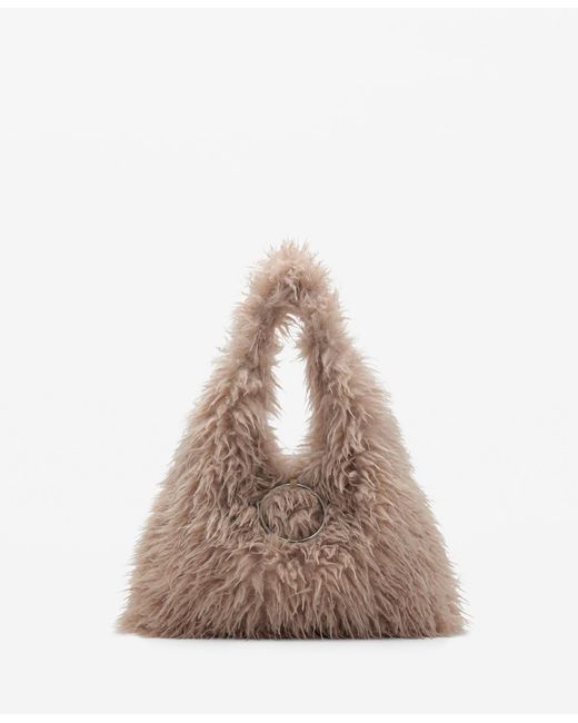 Mango Fur And Hoop Detail Shoulder Bag in Natural | Lyst