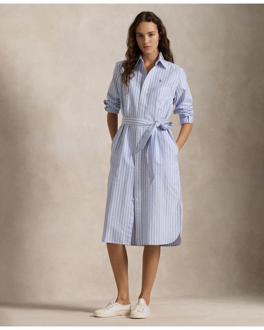 Polo Ralph Lauren Striped Cotton Oxford Belted Shirtdress in Blue | Lyst