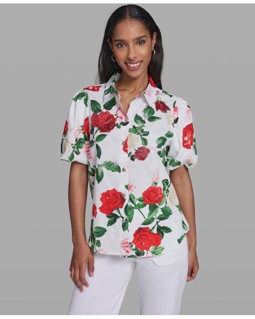 KARL LAGERFELD Printed Puff-sleeve Collared Top in Gray | Lyst