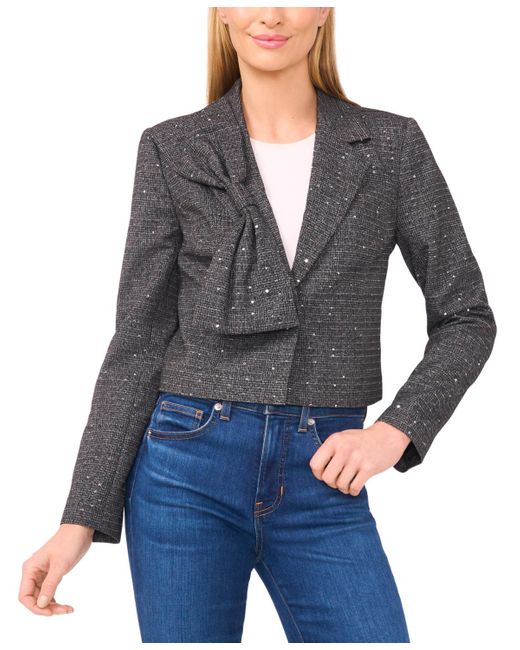 Cece Cropped Long Sleeve Lapel Bow Blazer in Gray | Lyst