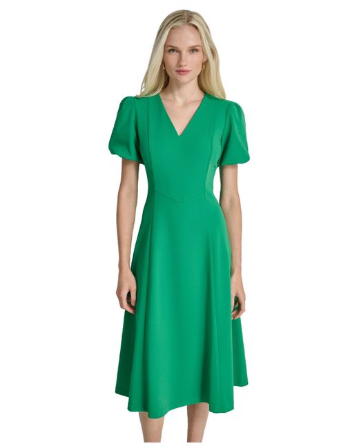 DKNY Bubble-sleeve Scuba-crepe Midi Dress in Green | Lyst