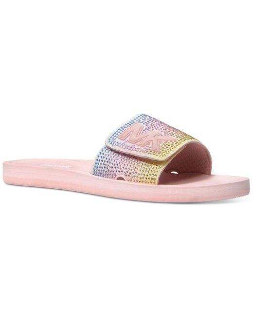 Michael Kors Fur Rhinestone Mk Logo Pool Slide Sandals in Pink - Lyst