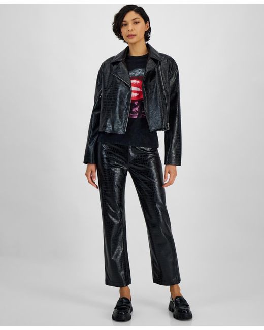 BOSS Croc-embossed Faux-leather Moto Jacket in Blue | Lyst