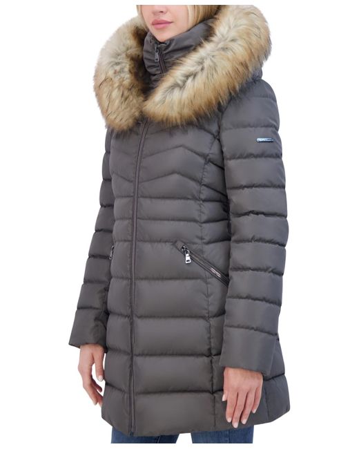 Laundry by Shelli Segal Faux-fur-trim Hooded Puffer Coat in Gray | Lyst