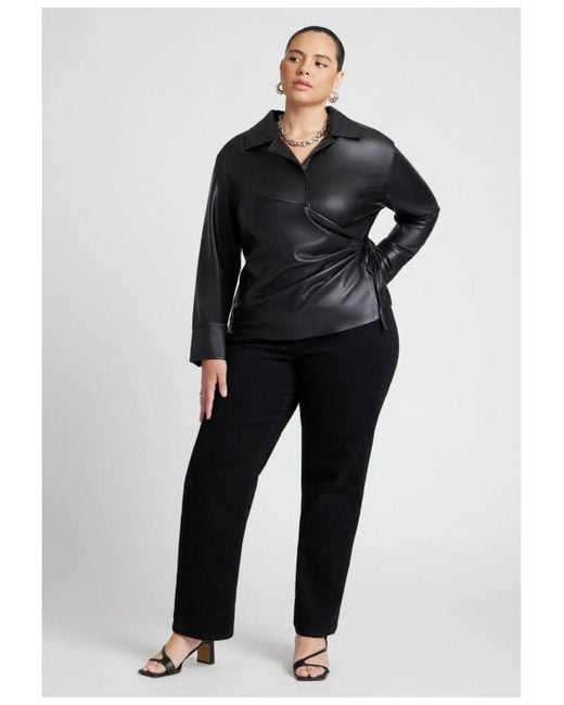 Eloquii Plus Size Faux Leather Wrap Top in Black | Lyst