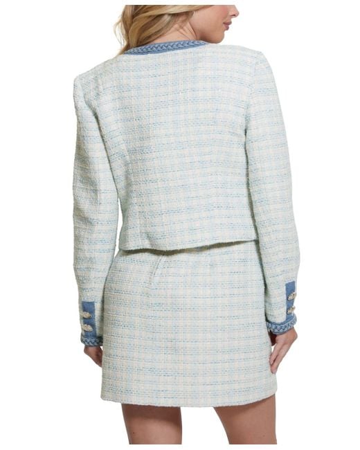 Guess Tosca Braid-trim Long-sleeve Tweed Jacket in Blue | Lyst