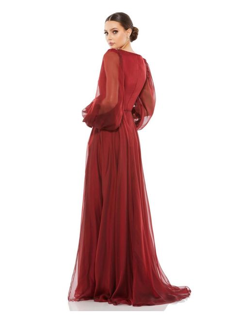 Mac Duggal Sheer Blouson Sleeve Surplice Gown in Red | Lyst
