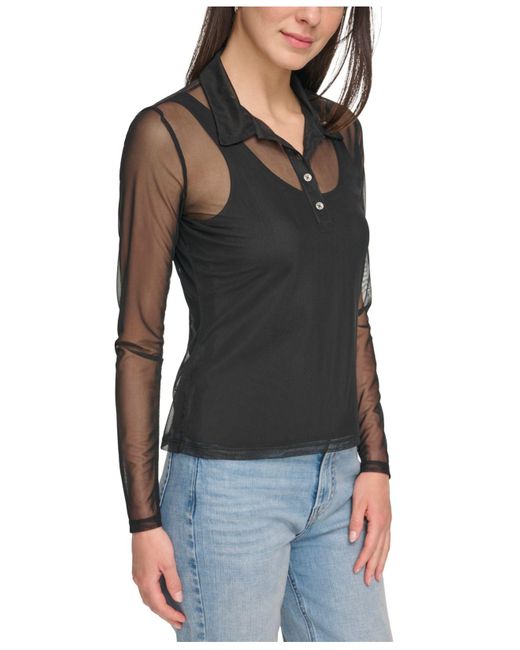 Dkny Sheer Mesh Collared Shirt In Black Lyst