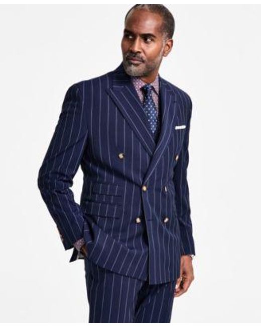 Tayion Collection Pinstriped Double Breasted Suit Separate in Blue for ...