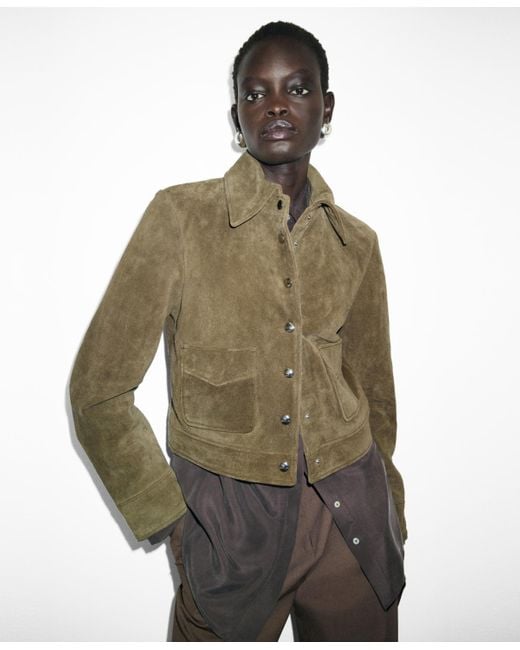 Mango Buttons Suede Leather Jacket in Green | Lyst