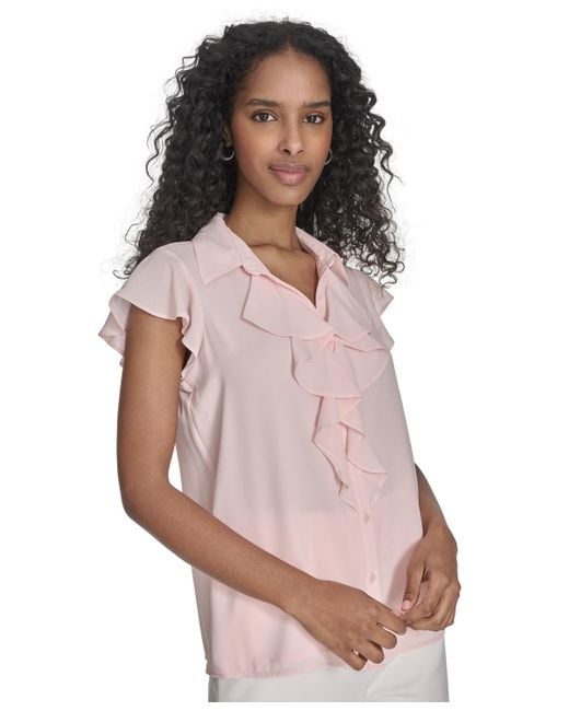Calvin Klein Ruffled Flutter-sleeve Button-front Blouse in Pink | Lyst