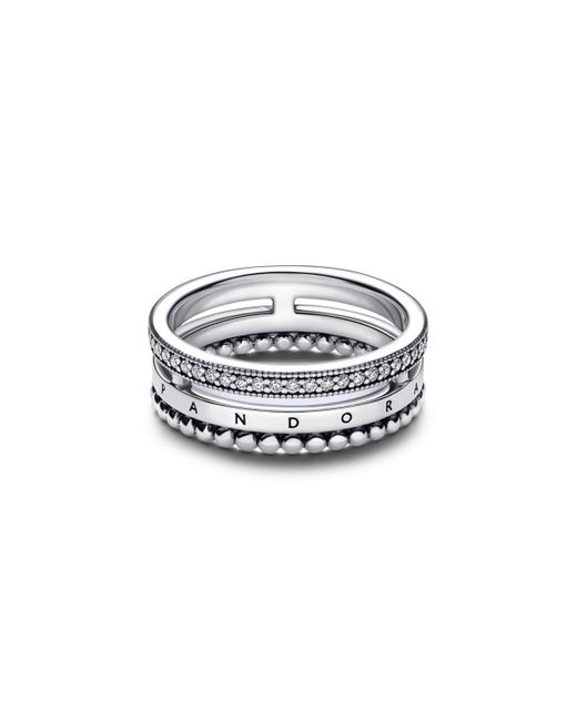 PANDORA Signature Logo Pave And Beads Ring in White | Lyst