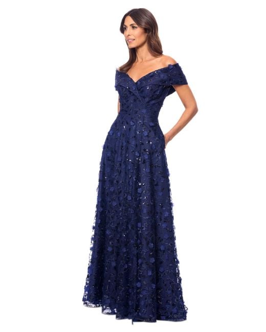 Xscape 3d Floral Embroidered Off-the-shoulder Gown in Blue | Lyst