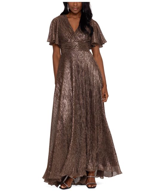 Betsy & Adam V-neck Flutter-sleeve Metallic Dress in Brown | Lyst