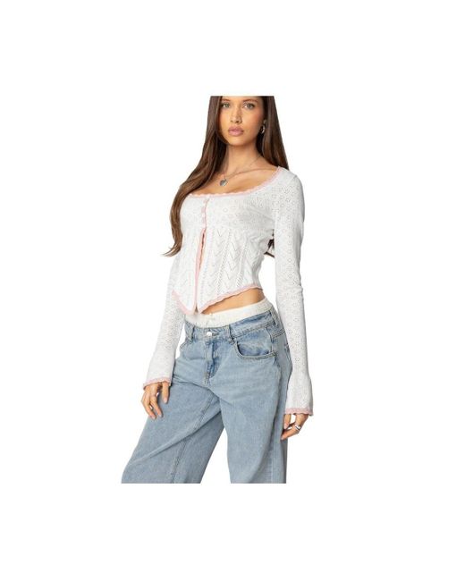 Edikted Abbie Split Front Pointelle Top in White | Lyst