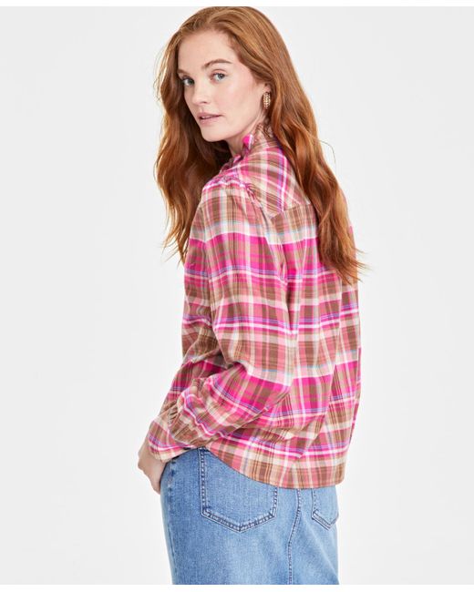 On 34th Festive Plaid Ruffle-neck Flannel Shirt in Red | Lyst
