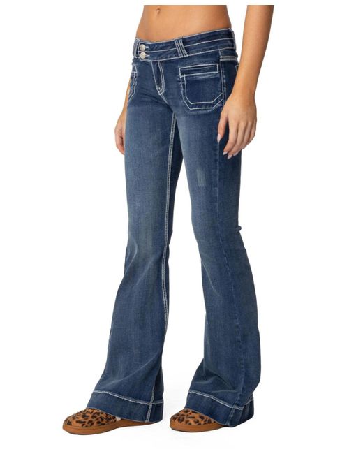 Edikted Contrast Stitch Low Rise Flared Jeans in Blue | Lyst