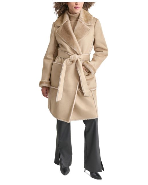 DKNY Belted Notched-collar Faux-shearling Coat in Natural | Lyst