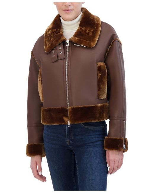 Hudson Jeans Cropped Faux Leather Shearling Aviator Jacket in Brown | Lyst