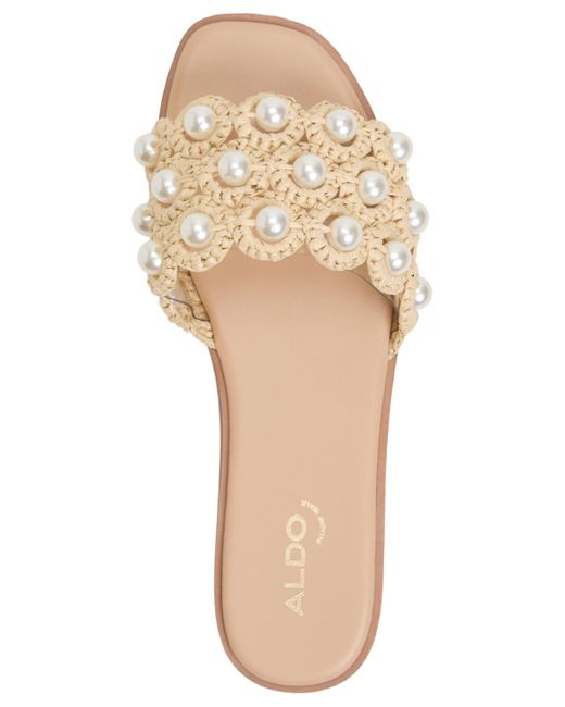 ALDO Gizelle Pearl Embellished Flat Slide Sandals in White | Lyst