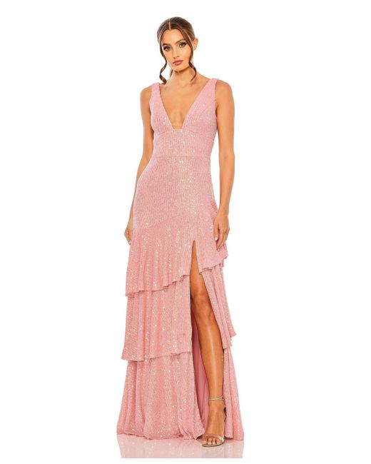 Mac Duggal Ieena Sequin Asymmetrical Ruffle Tiered Gown In Pink Lyst