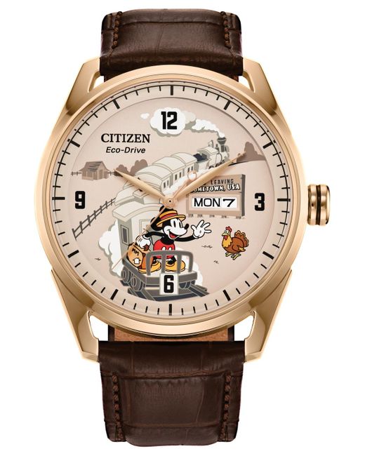 Citizen Eco-drive Disney Mickey Mouse Brown Leather Strap Watch 42mm in ...