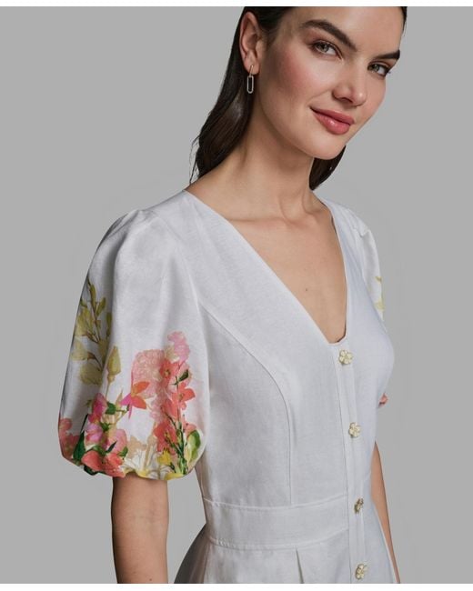 KARL LAGERFELD Floral Border Linen Puff-sleeve Dress in Gray | Lyst