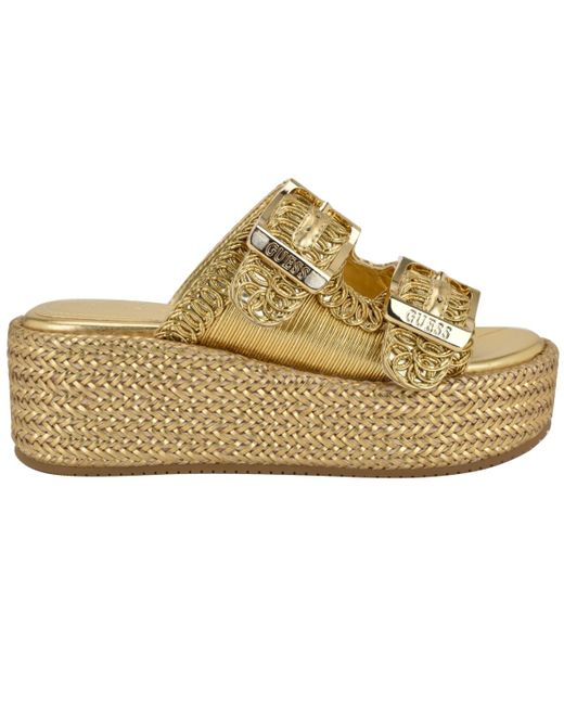 Guess Binks Double-buckle Woven Platform Wedge Sandals in Metallic | Lyst