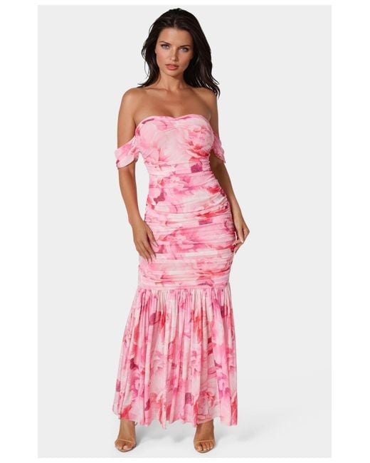 Bebe Off Shoulder Ruched Mesh Gown in Pink | Lyst