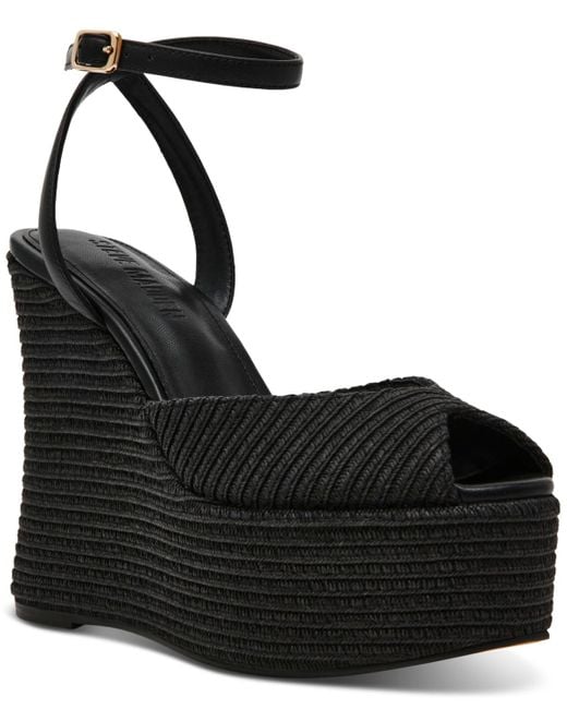 Steve Madden Wanona Raffia Wedge Sandals in Black | Lyst